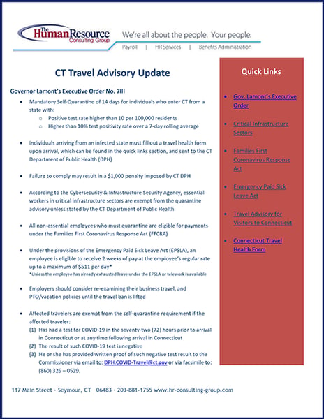 Connecticut Self Quarantine Mandate & Travel Guide for Employers | HRCG
